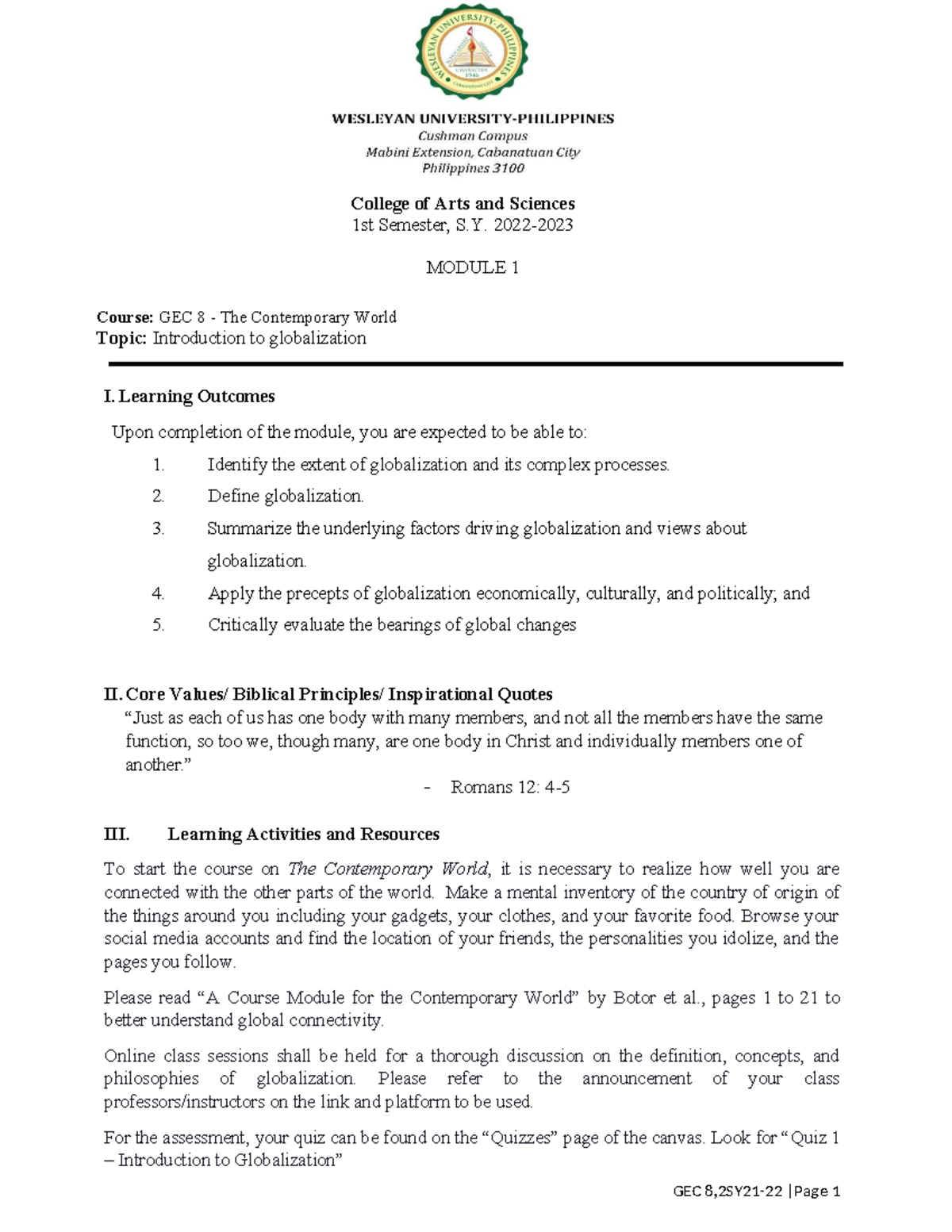 Module 1 Introduction to globalization - College of Arts and Sciences ...