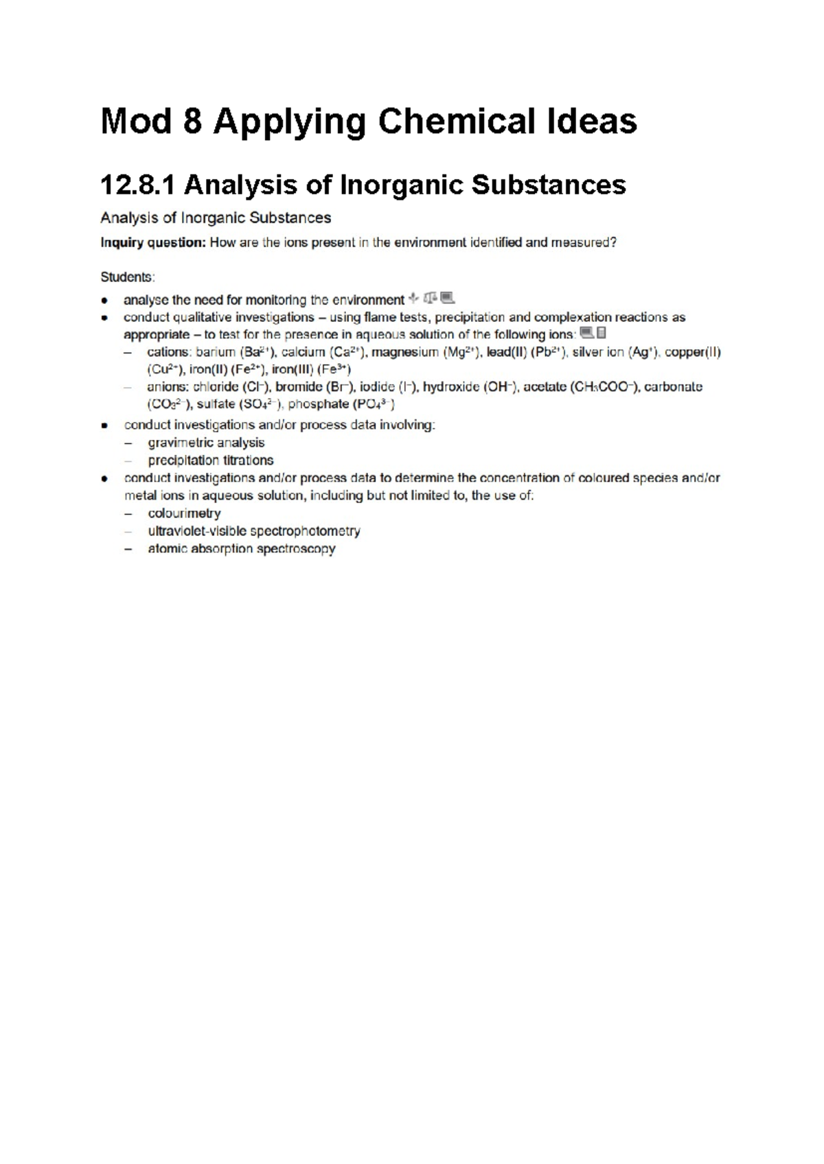 Chemistry Module 8 - Mod 8 Applying Chemical Ideas 12.8 Analysis of ...