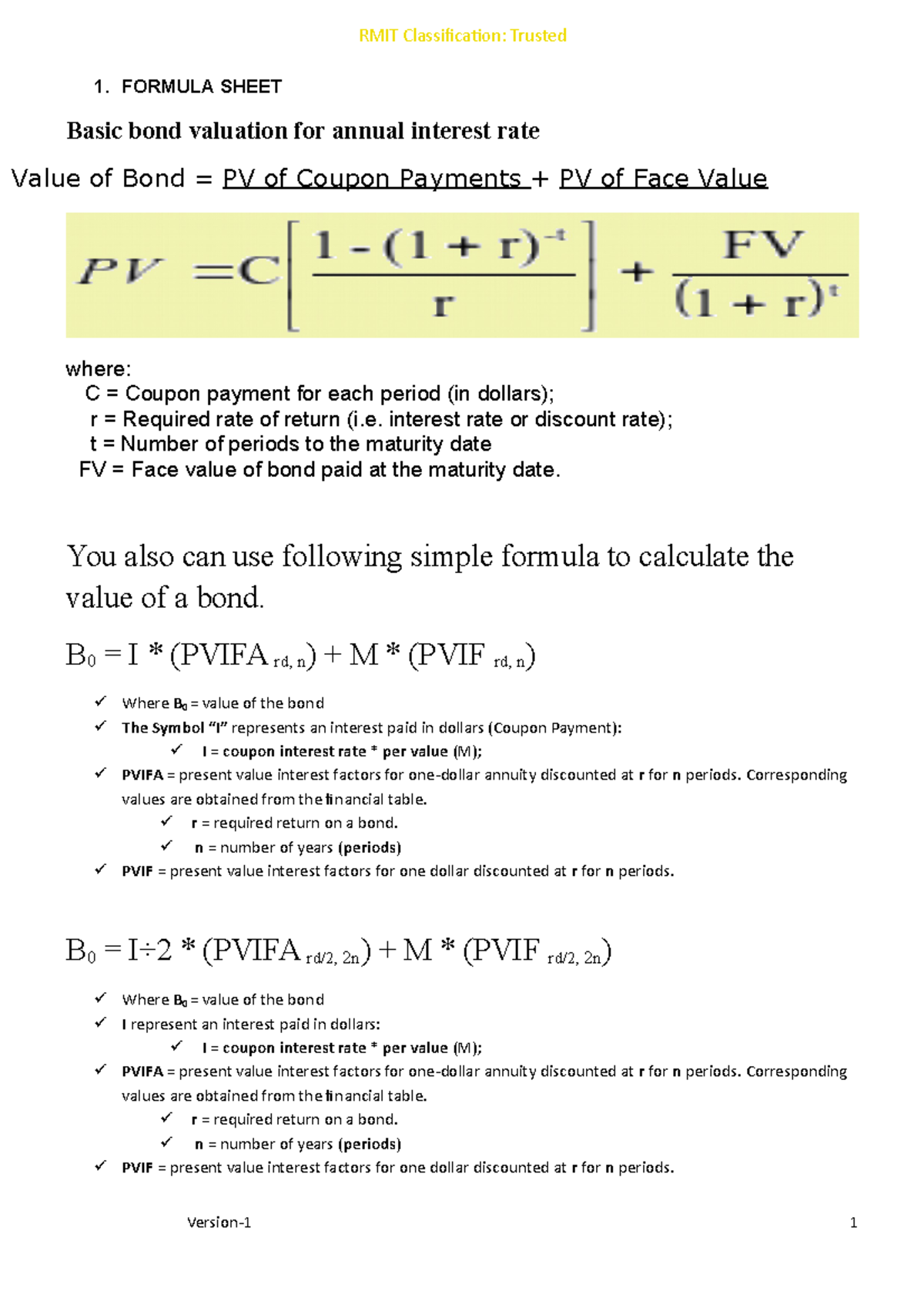 Formula Sheet - 1. FORMULA SHEET Basic bond valuation for annual ...