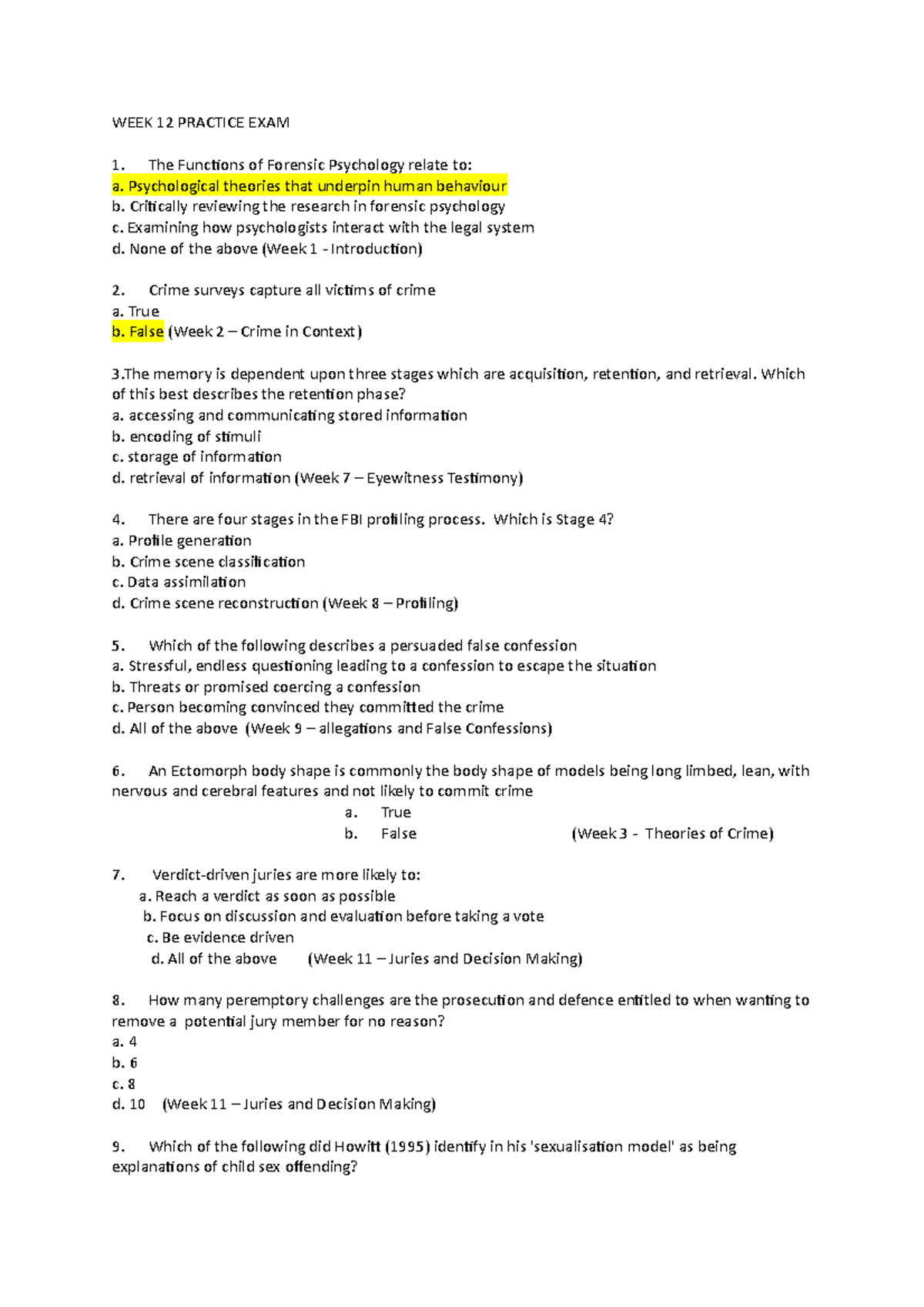 Practice EXAM - WEEK 12 PRACTICE EXAM The Functions of Forensic ...