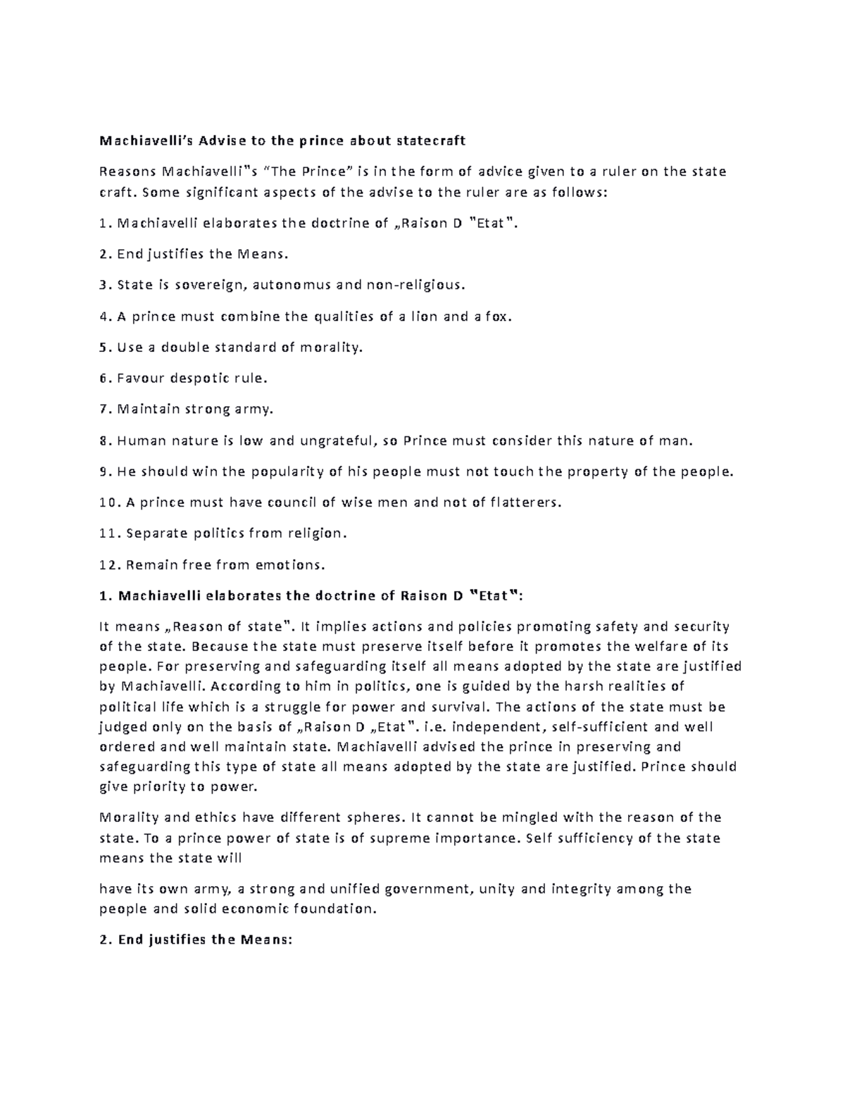 Machiavelli - Refernce - Machiavelli’s Advise to the prince about ...