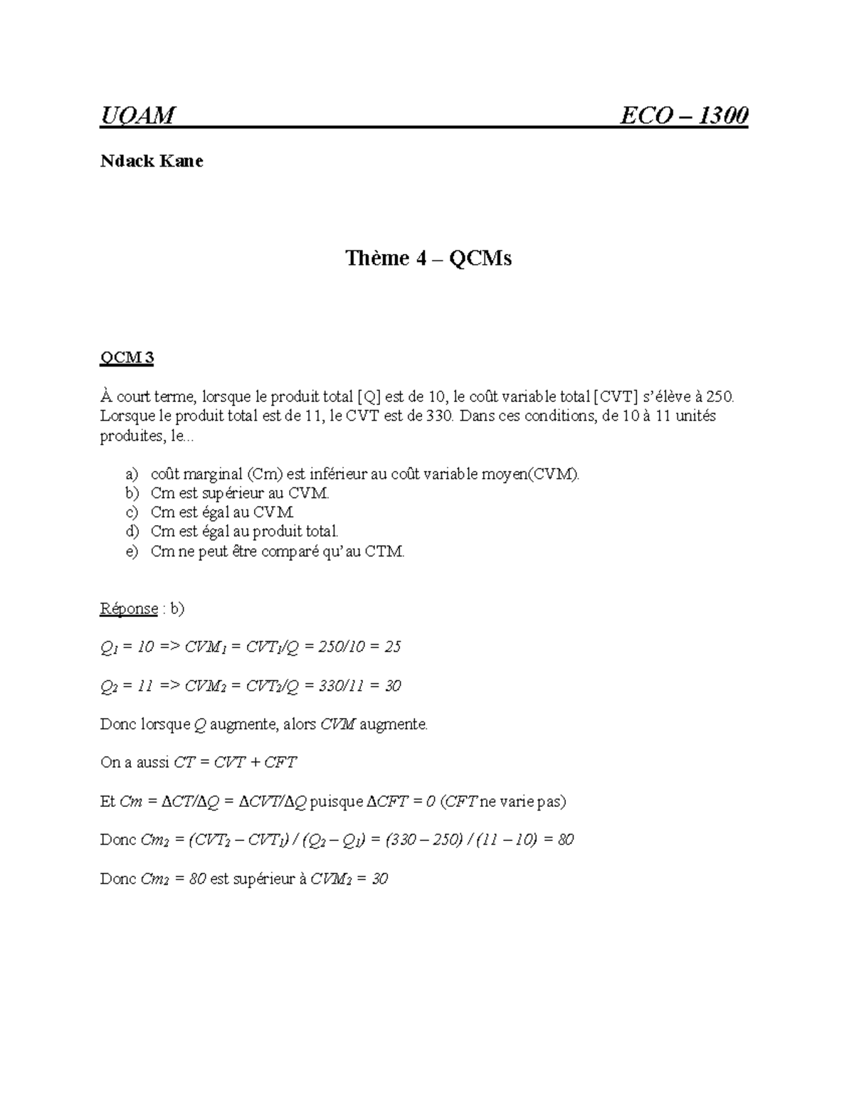 Th4-Annexe QCM 3-Sol - THÈME 4 - UQAM ECO 3 1300 Ndack Kane Thème 4 3 QCMs QCM 3 À court terme ...