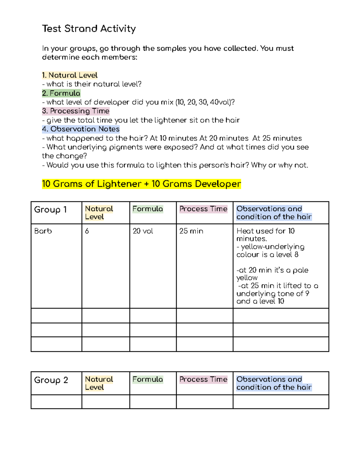 Test Strand Activity - You must determine each members: Natural Level ...