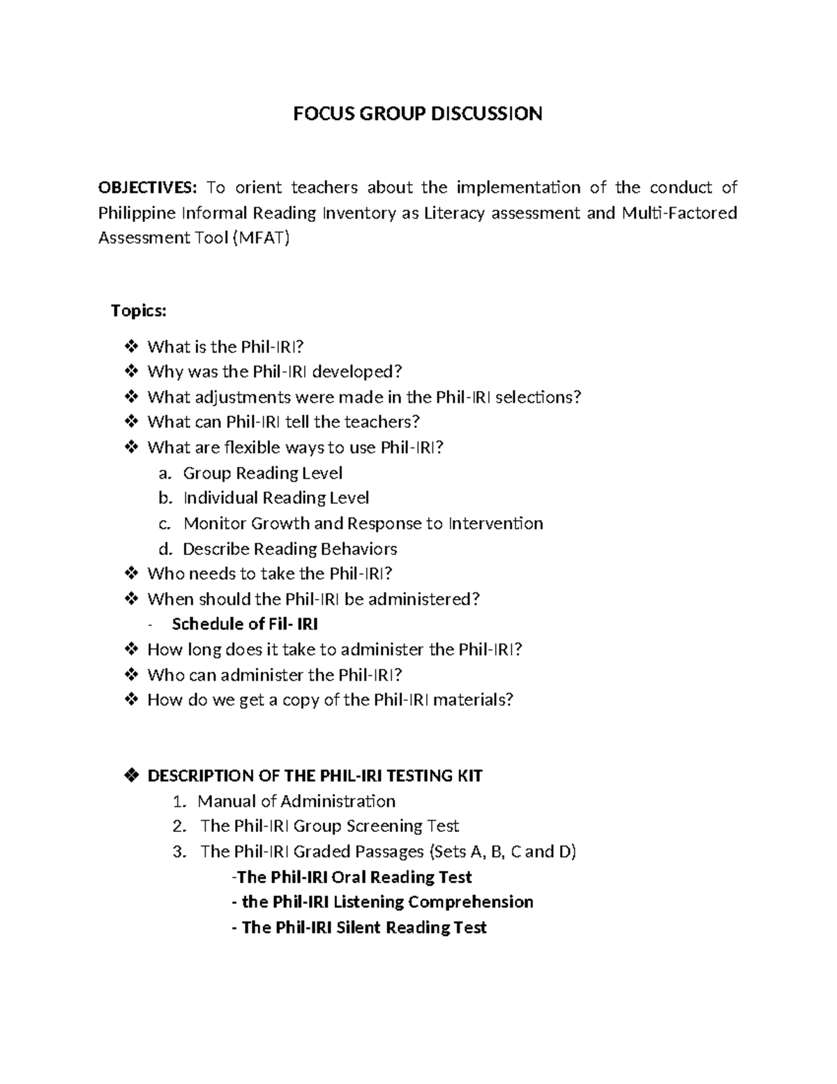 Focus Group Discussion (FGD) - FOCUS GROUP DISCUSSION OBJECTIVES: To ...