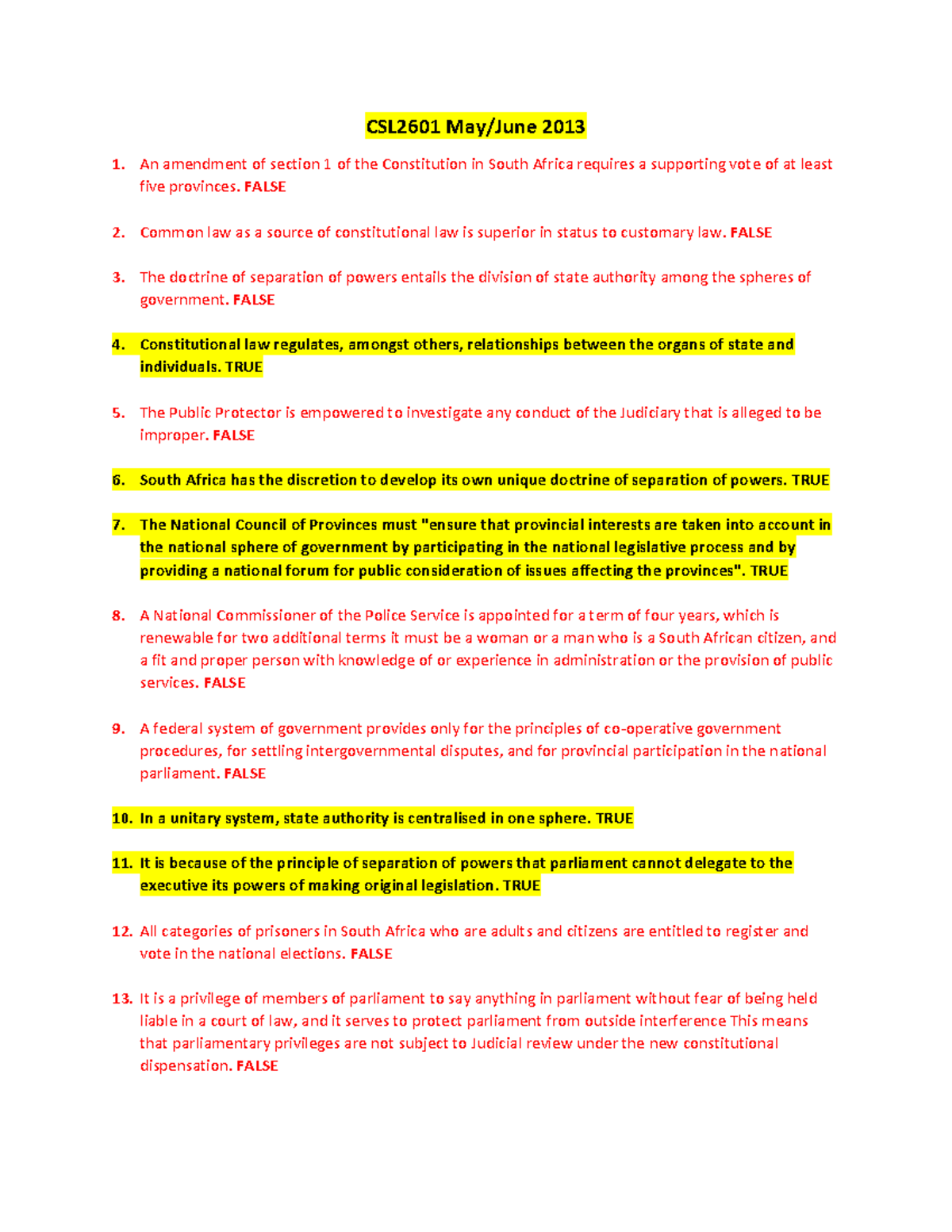 Question AND Answers 2 - CSL2601 - Unisa - Studocu