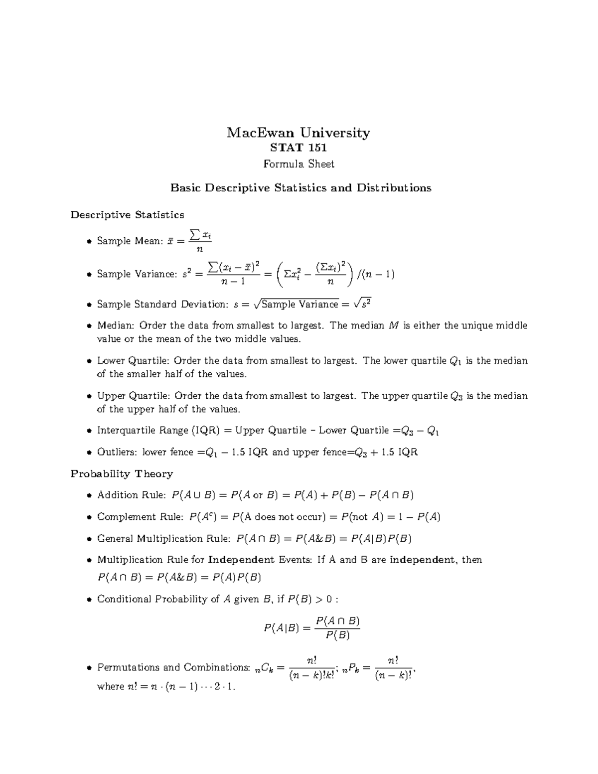 Formula Sheet for STAT 151 - MacEwan University STAT 151 Formula Sheet Basic Descriptive ...