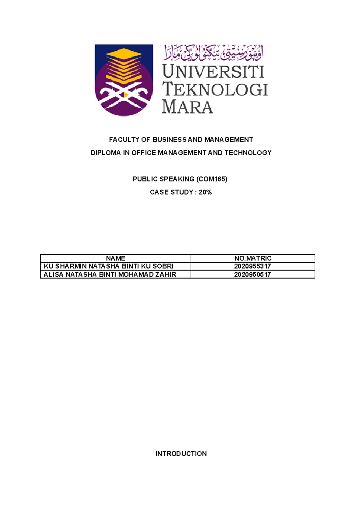 CASE Study COM165 - Public Speaking - UiTM - Studocu