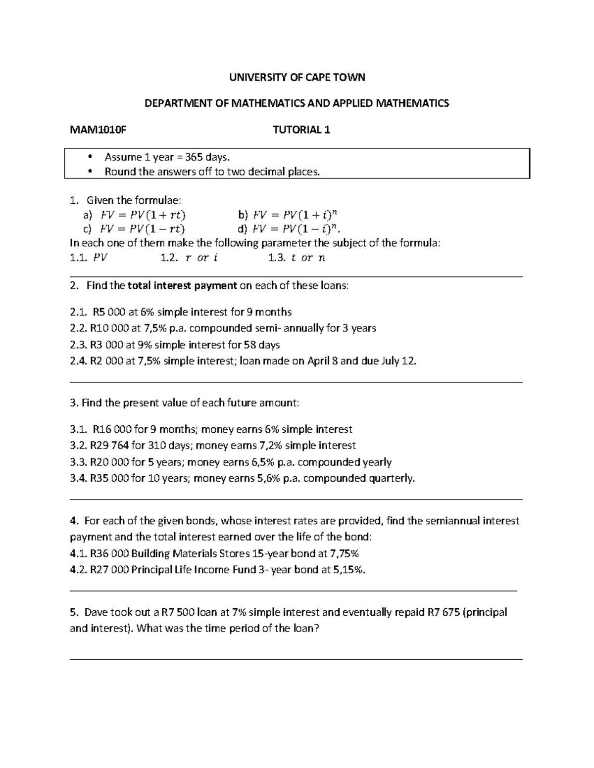 Tutorial+1 - MAM1010F Tutorial - UNIVERSITY OF CAPE TOWN DEPARTMENT OF ...