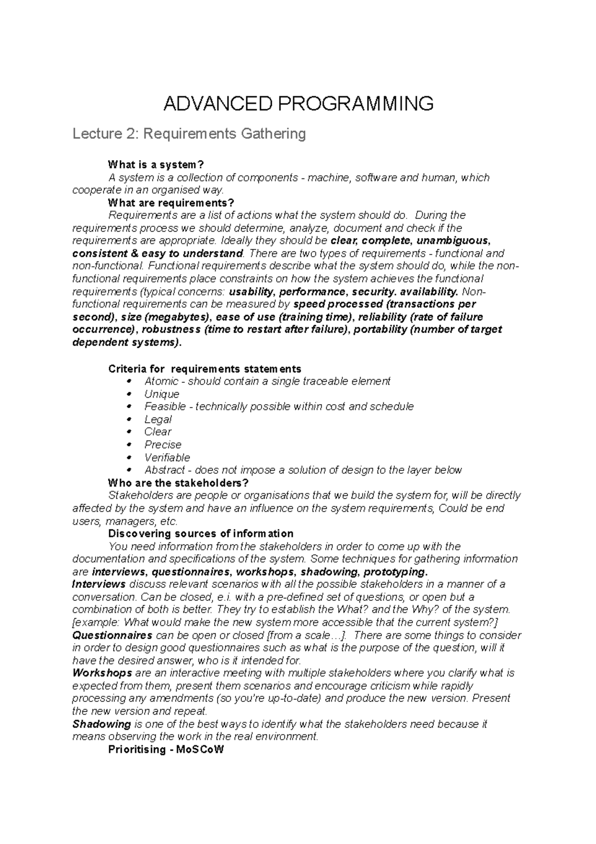 Advanced Programming L 2 - ADVANCED PROGRAMMING Lecture 2: Requirements Gathering What is a ...