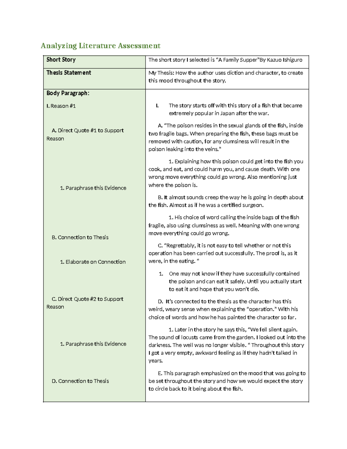 Copy of 1.03 Assessment - Analyzing Literature Assessment Short Story ...