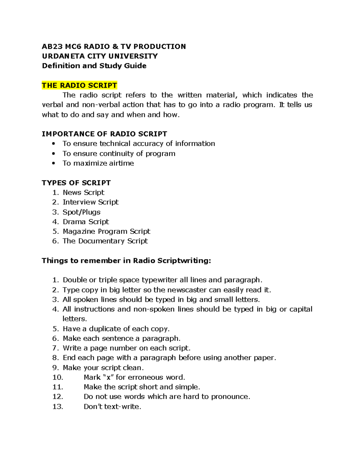 THE Radio Script AB23 MC6 RADIO TV PRODUCTION URDANETA CITY