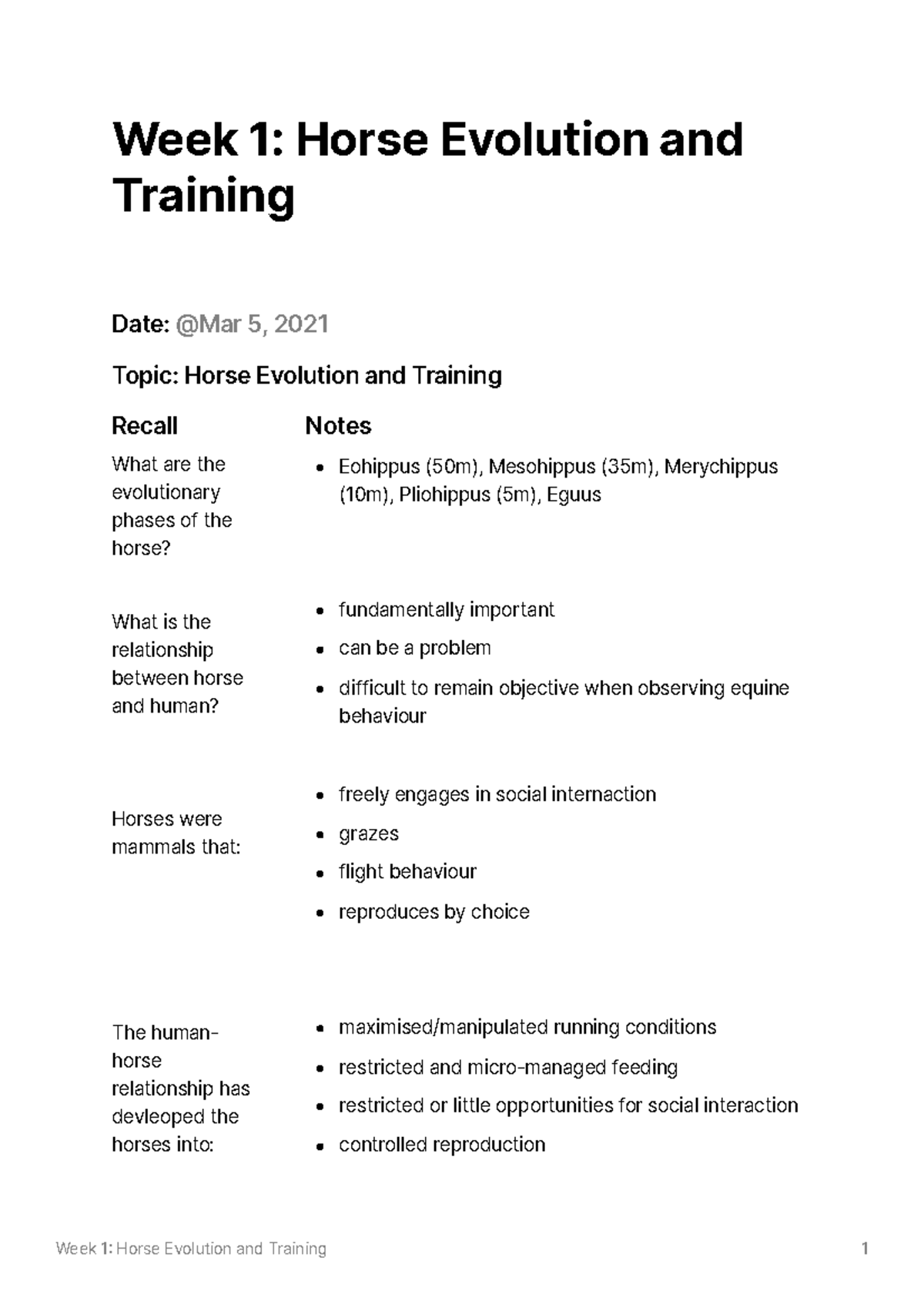 Introduction to Equine Science - Week 1 Horse Evolution and Training 1 ...