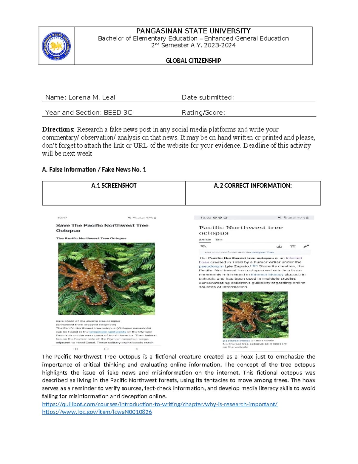 GEE4 Activity LEAL, Lorena BEED3C - Name: Lorena M. Leal Date submitted: Year and Section: BEED ...