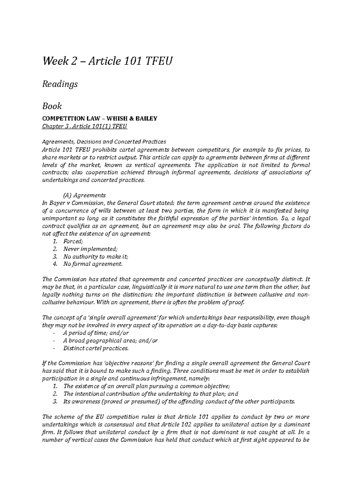 Competition week 2 summary - Week 2 – Article 101 TFEU Readings Book ...