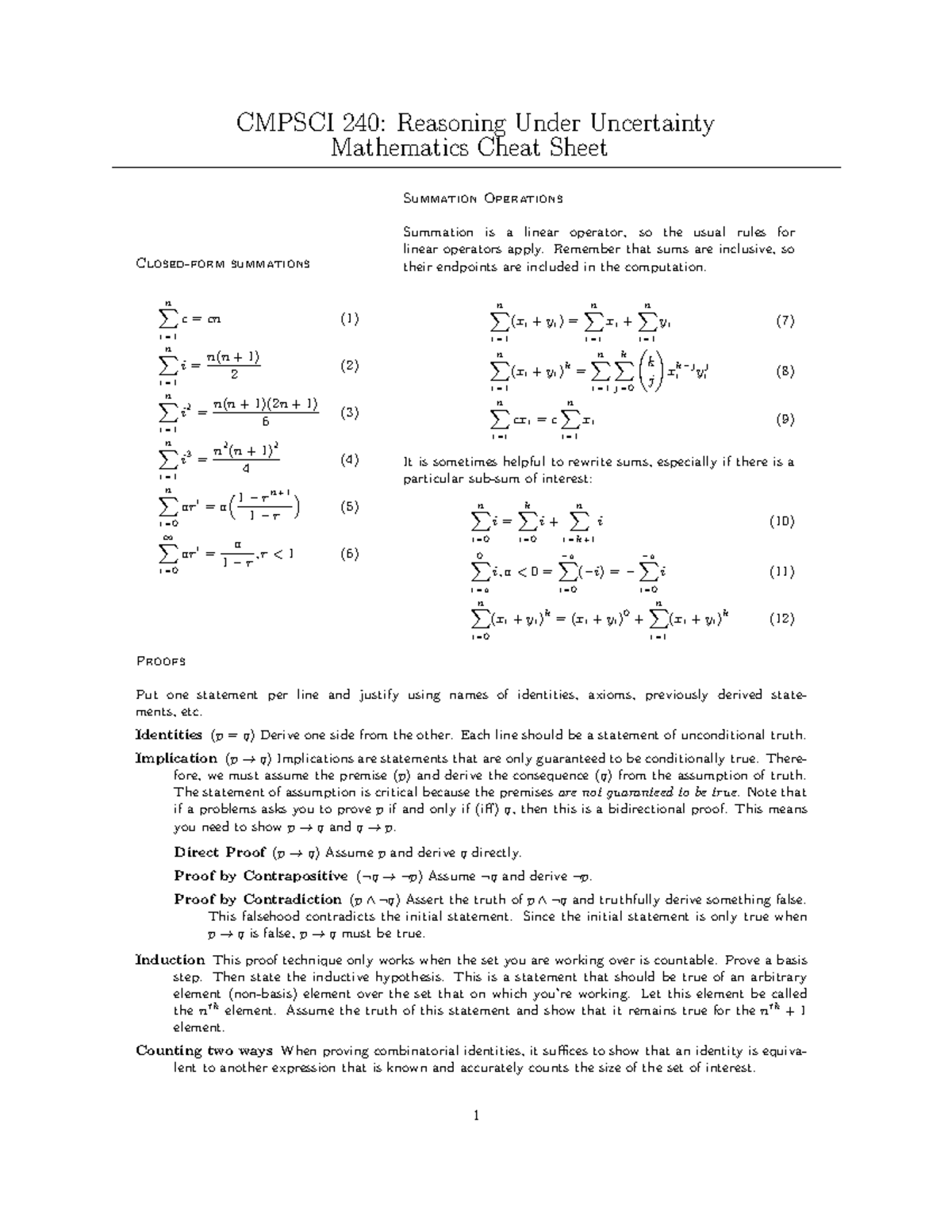 Cheatsheet - formulas - CMPSCI 240: Reasoning Under Uncertainty Mathematics Cheat Sheet Closed ...