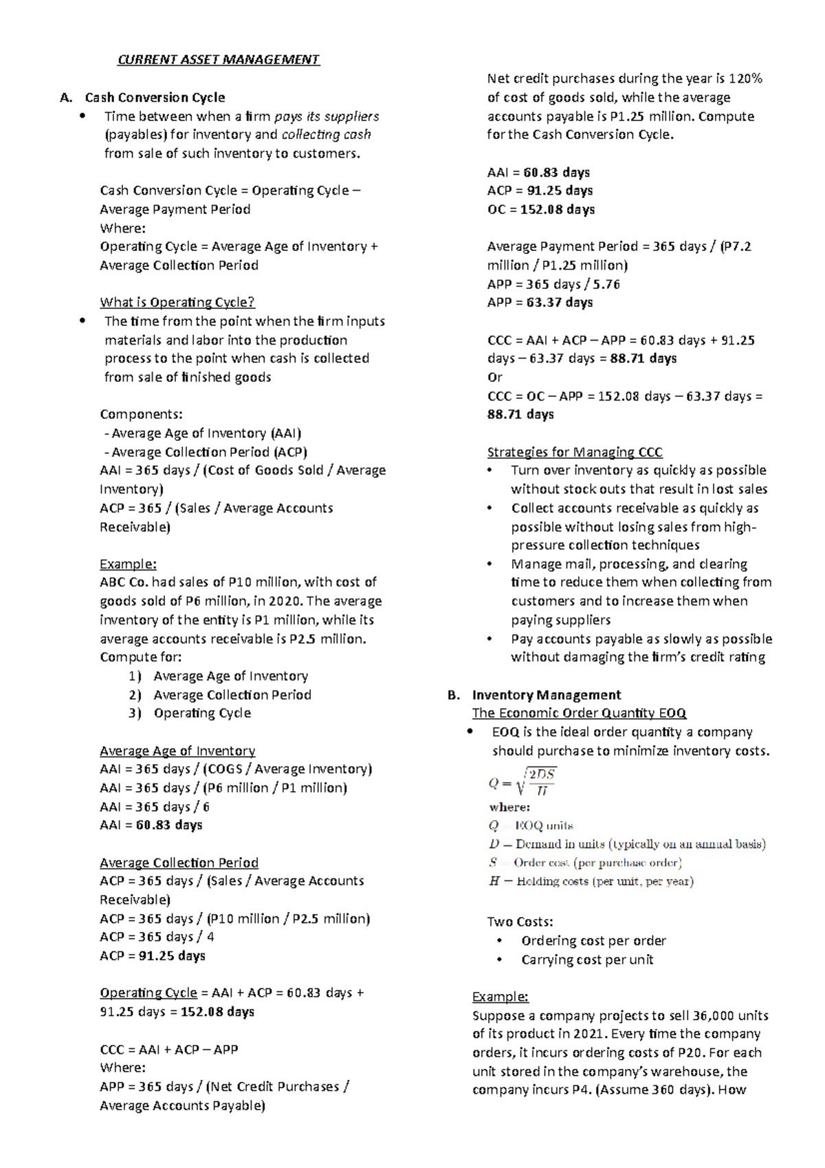 (July 9) Current Asset Management - CURRENT ASSET MANAGEMENT A. Cash ...