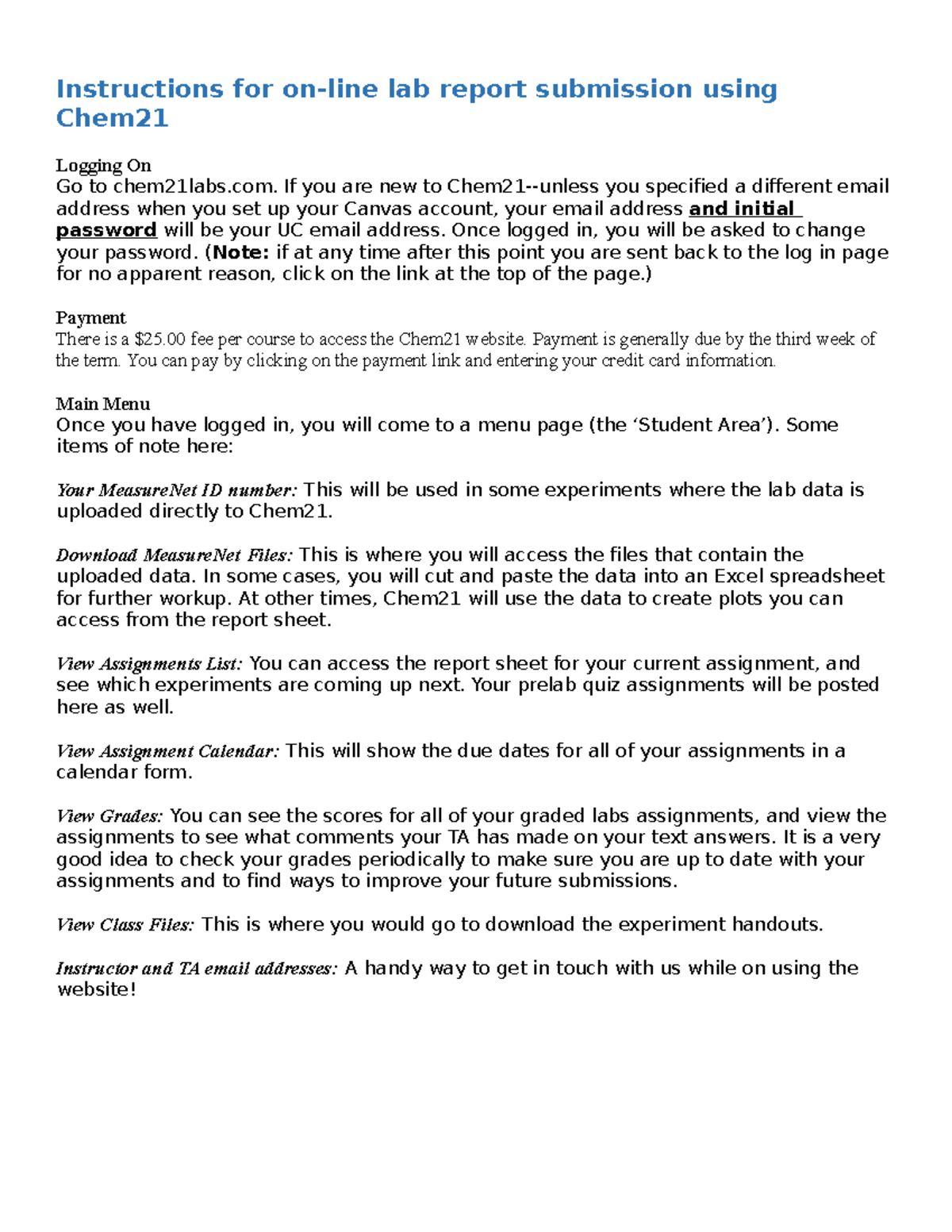 Instructions for submission of lab reports on Chem21-1 - Instructions ...