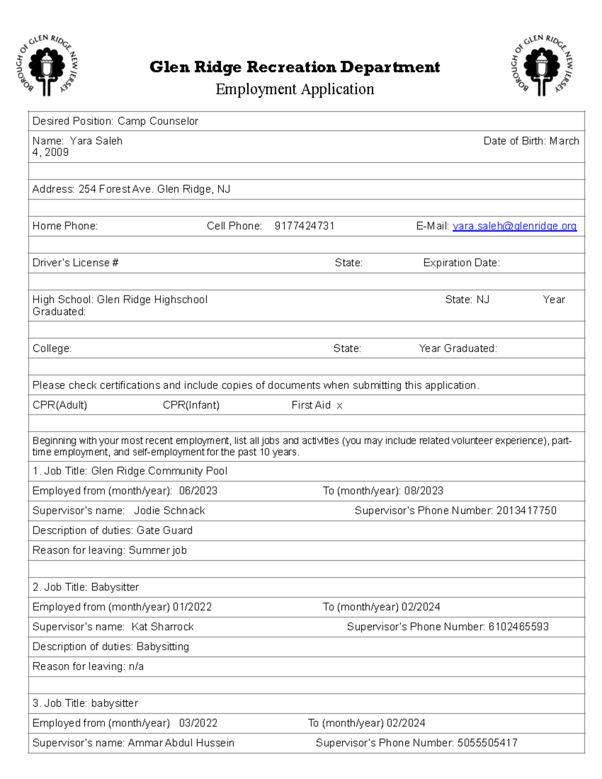 Yara Saleh-Employment Application - Glen Ridge Recreation Department ...