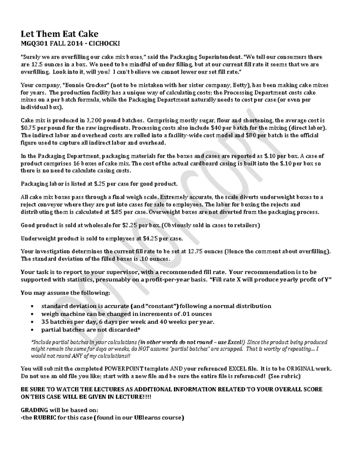 Cake Fa 14 - Case assignment sheet - Let Them Eat Cake MGQ301 FALL 2014 ...