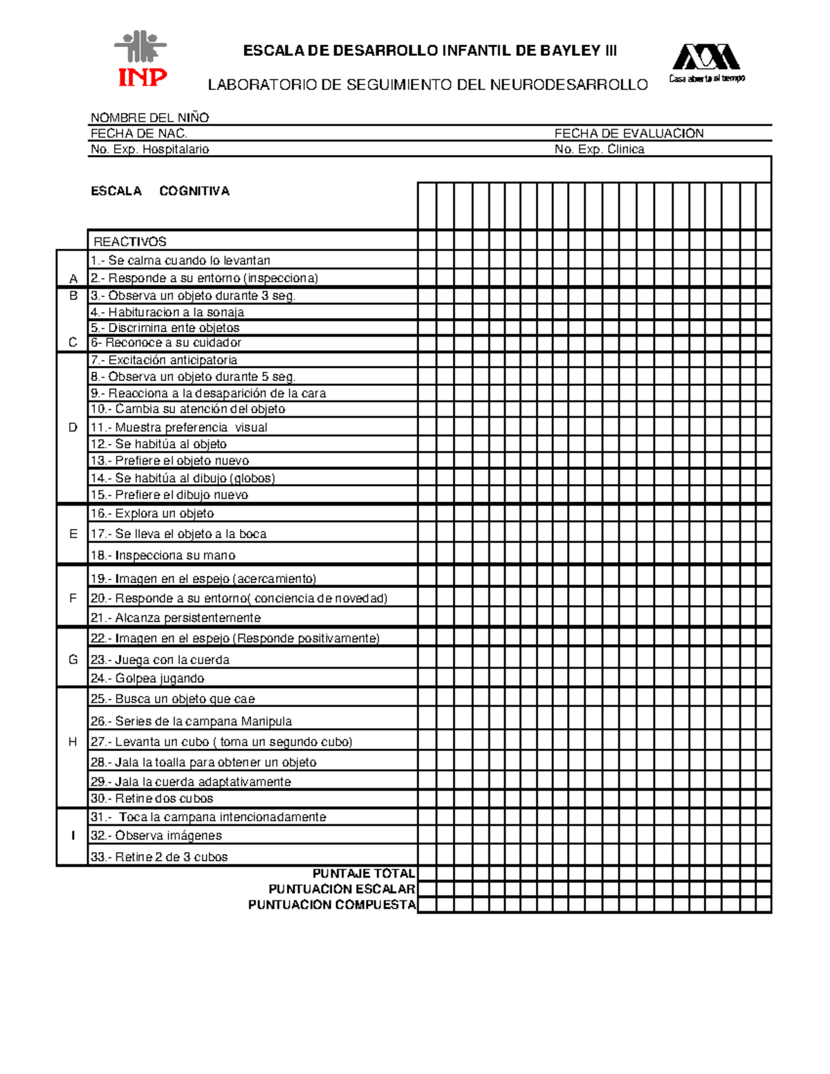 Formato Bayley III - ESCALA COGNITIVA REACTIVOS 1.- Se calma cuando lo ...