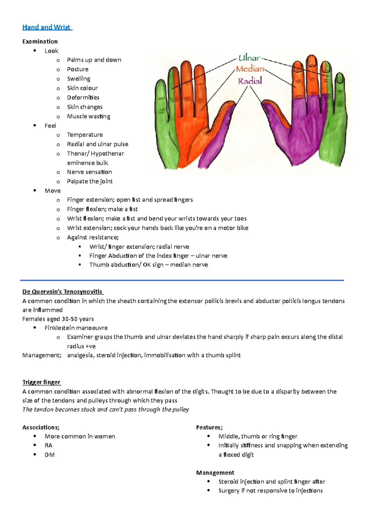 Hand and Wrist - Summary notes - Hand and Wrist Examination Look o ...