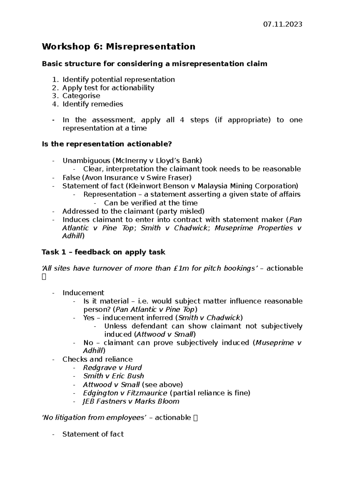 WS 6 Workshop - Misrepresentation - 07. Workshop 6: Misrepresentation Basic structure for - Studocu