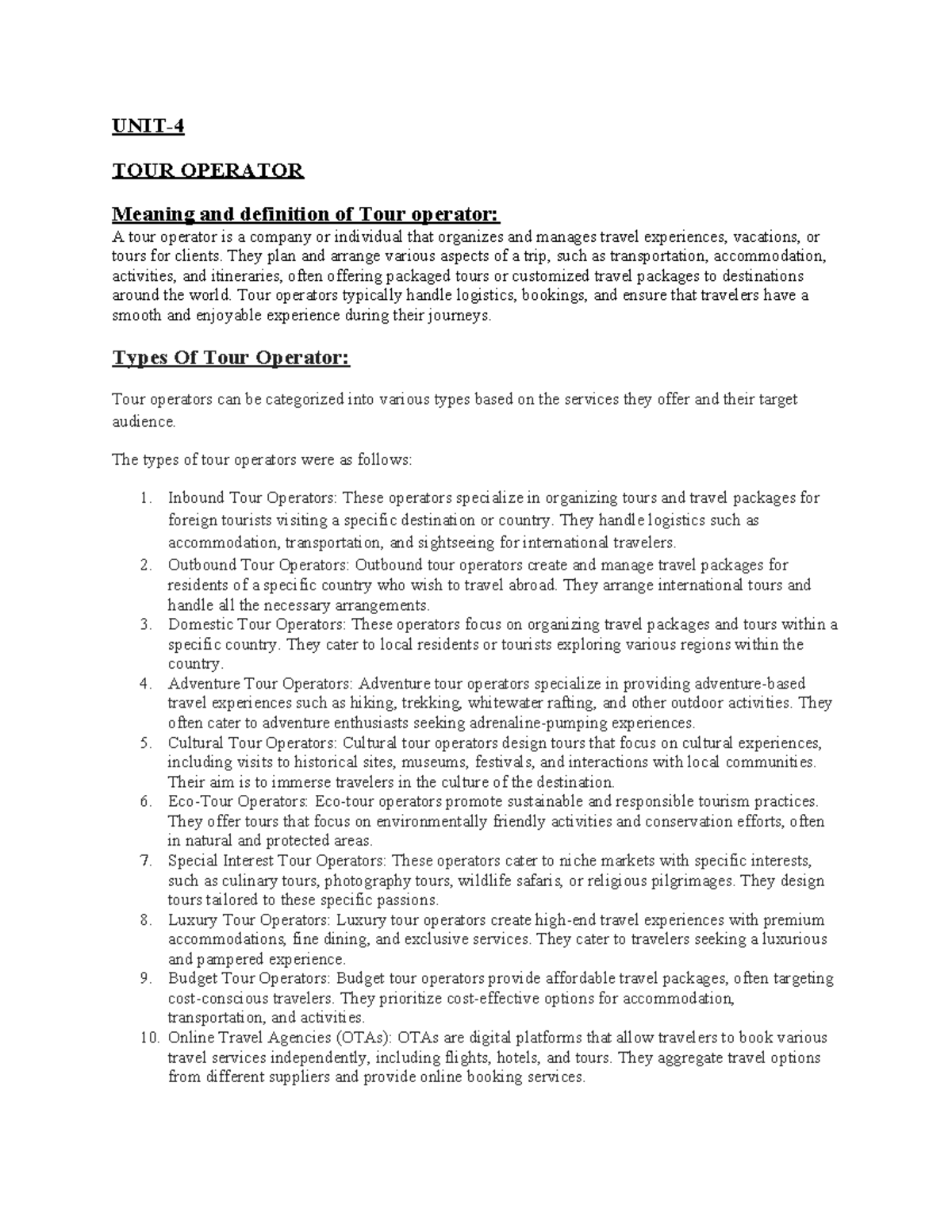 UNIT 4 TI - Titp notes - UNIT- TOUR OPERATOR Meaning and definition of ...