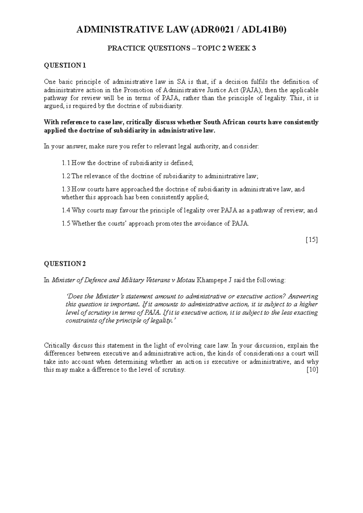 Topic 2 Week 3 - Practice Questions - ADMINISTRATIVE LAW (ADR0021 ...