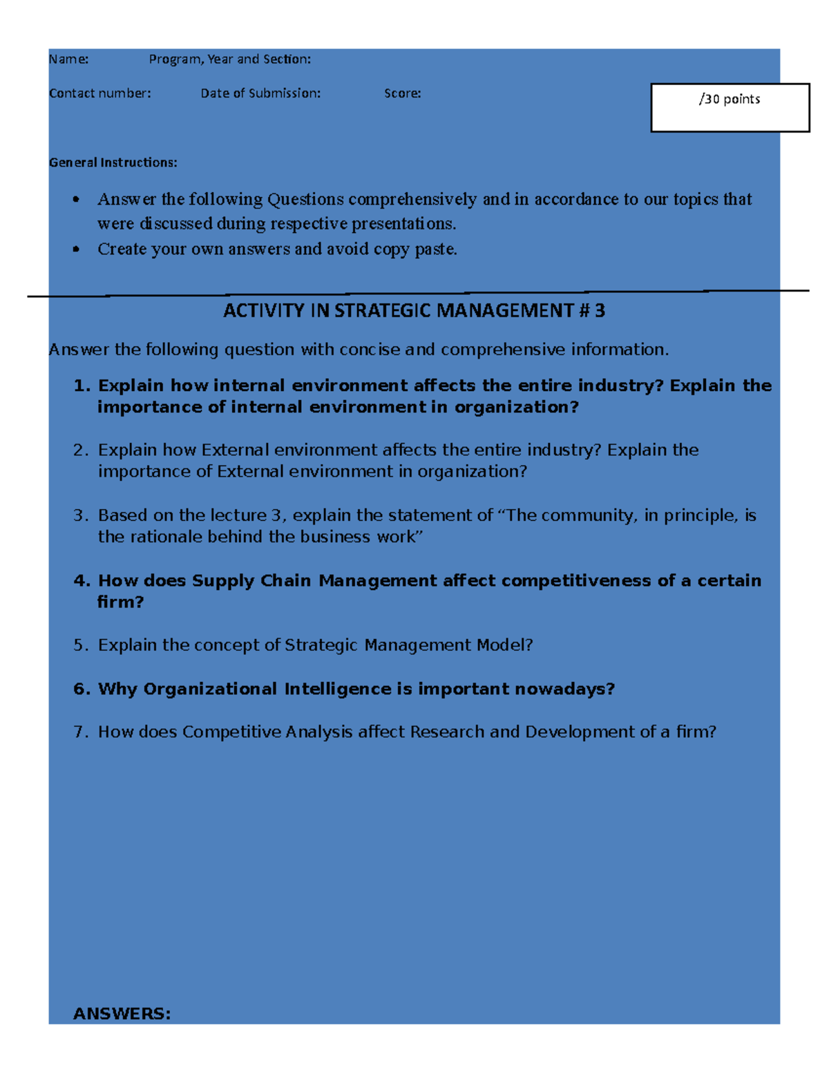 Strategic Management Sample Activity 2 - Operations Management CBME ...