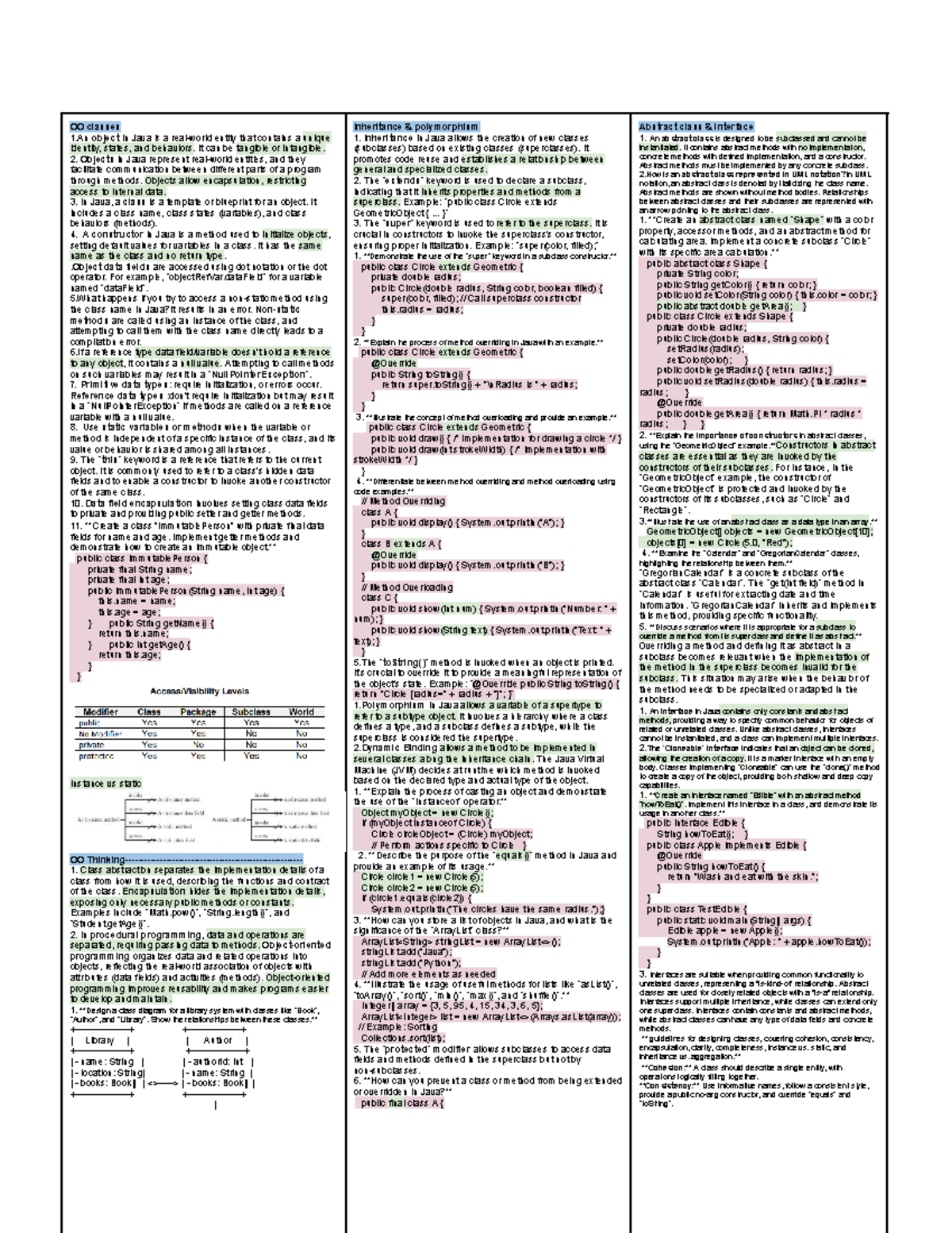 Cheatsheet Oop 2023 24 Oo Classes 1 Object In Java Is A Real World Entity That Contains A 2366