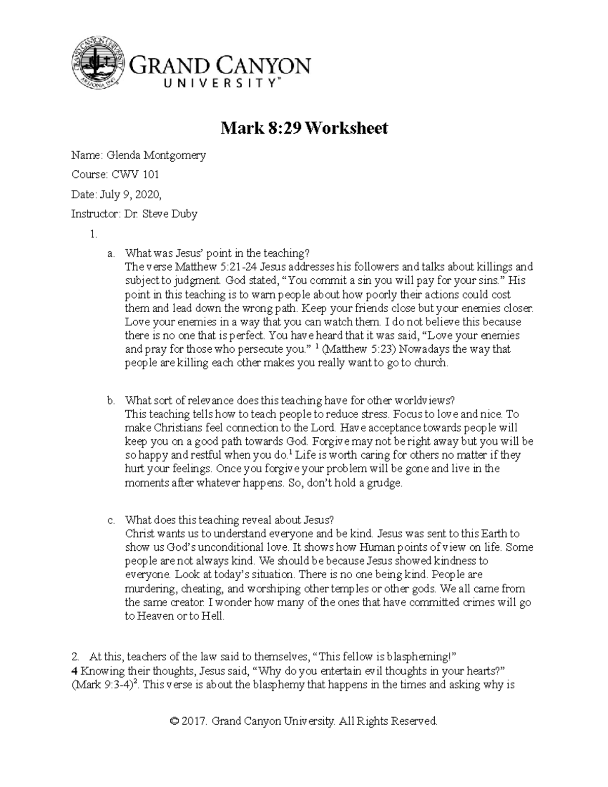 CWV 101 301 RS T4Mark829Worksheet Online 2 - Mark 8:29 Worksheet Name ...