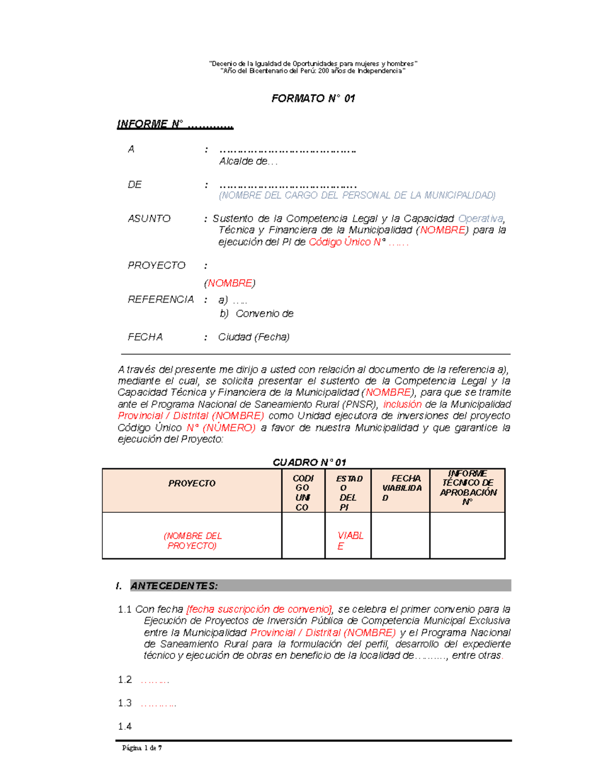 2.- Modelo Formato 01 Informe Sustento UEI - Página 1 de 7 “Decenio de ...
