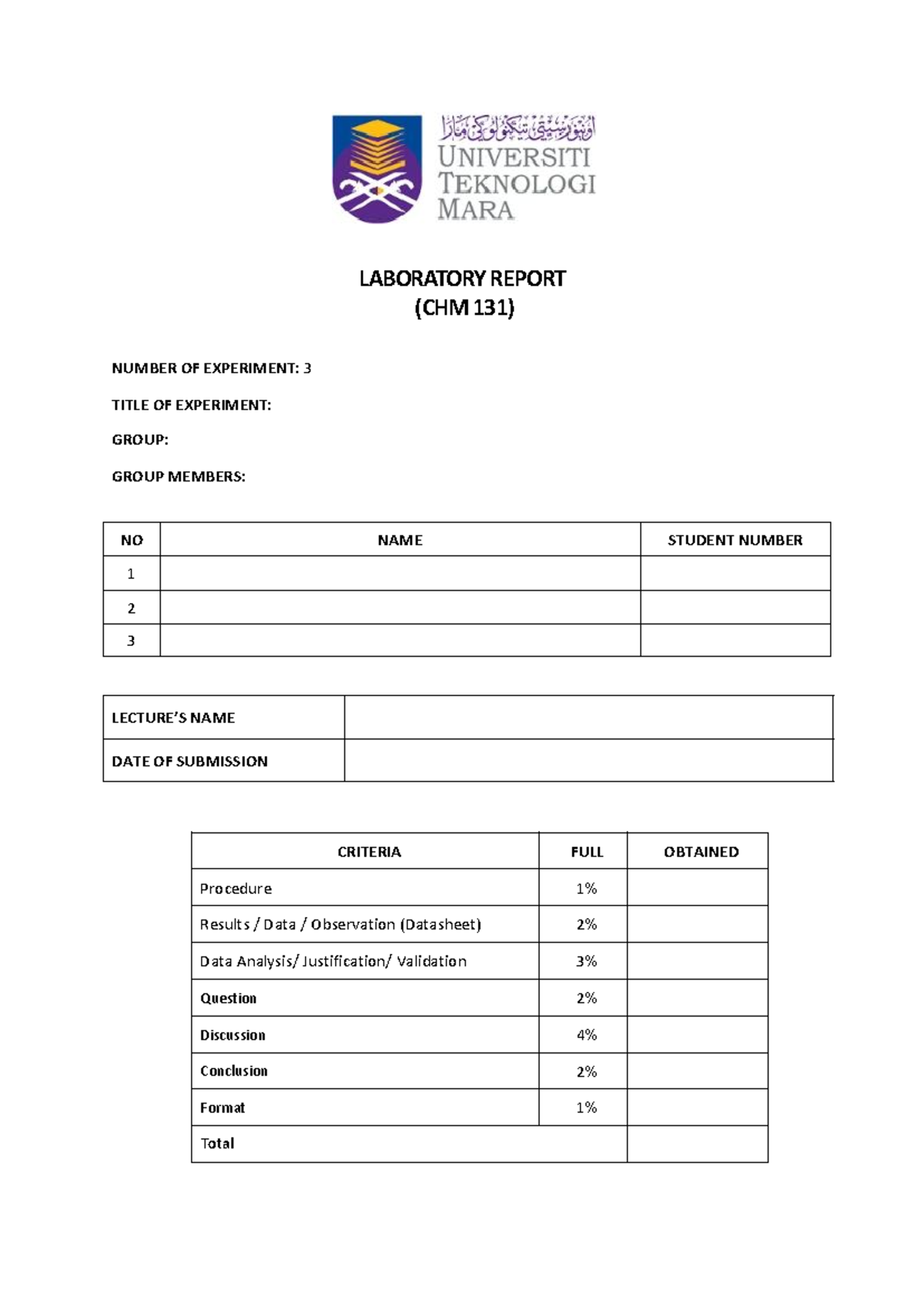 Cover PAGE CHM 131 - Applied Sciences - LABORATORY REPORT (CHM 131 ...