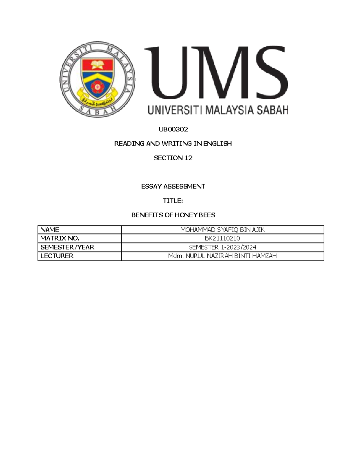 BK21110210 Essay assignment UB00302 section 12 - UB READING AND WRITING ...