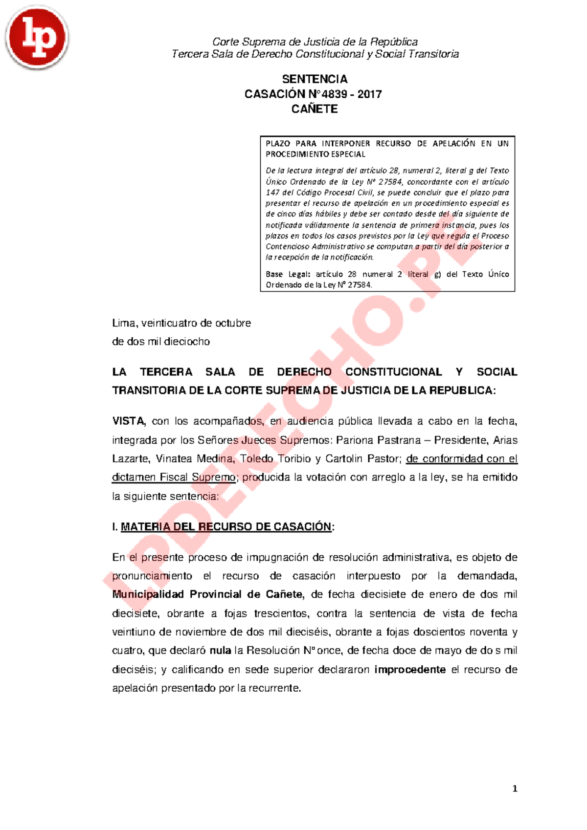 Casacion 4839 2017 Canete LP - Tercera Sala de Derecho Constitucional y Social Transitoria ...