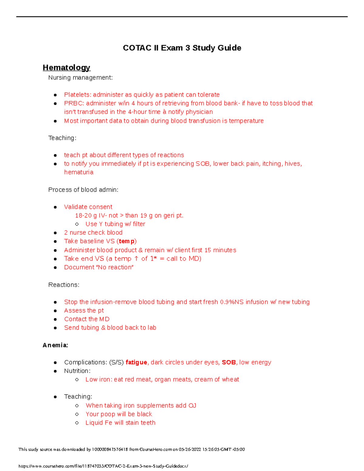 Cotac 2 Exam 3 new Hematology Study Guide - COTAC II Exam 3 Study Guide ...