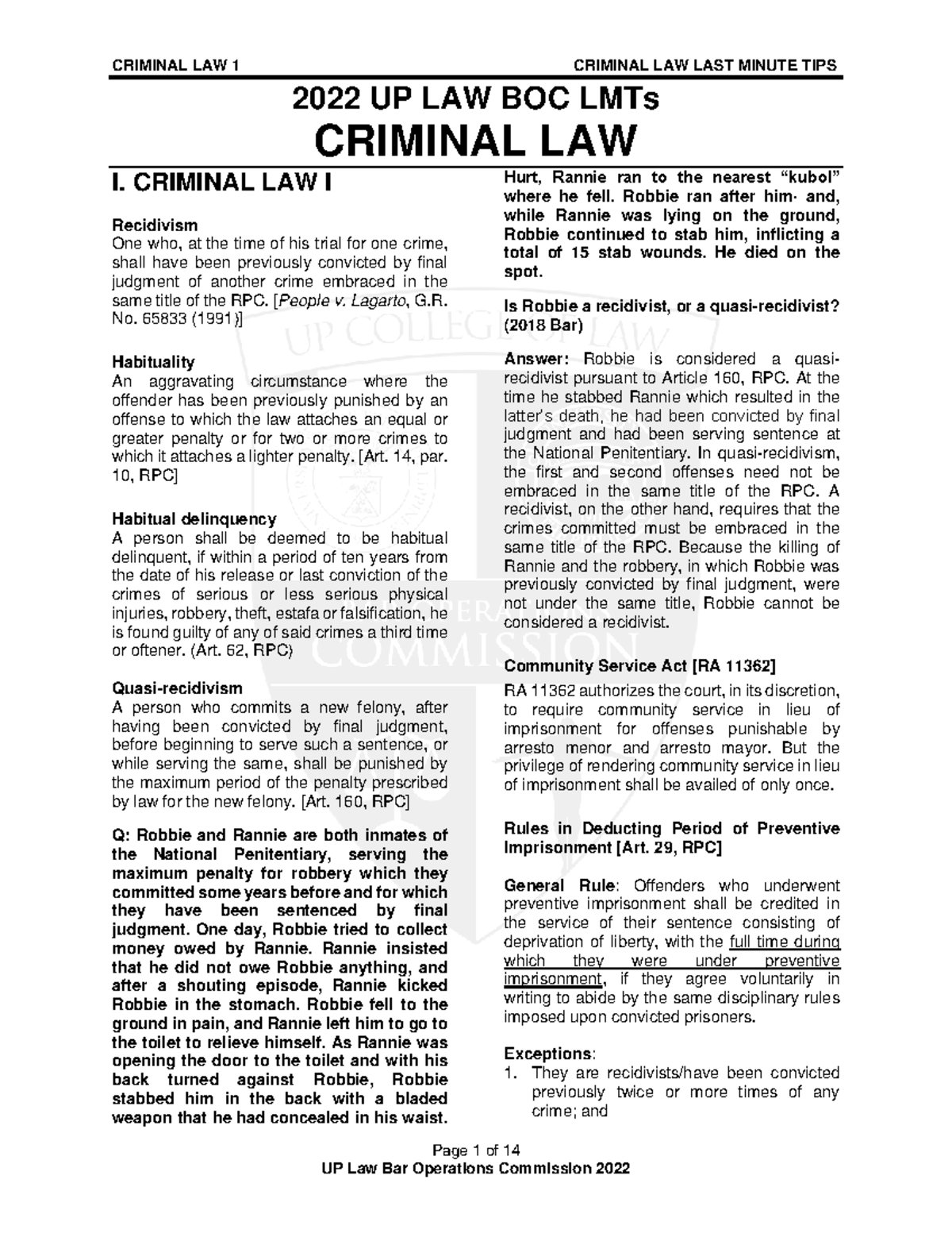 3 2022 UP LAW BOC Criminal Law LMTs - CRIMINAL LAW 1 CRIMINAL LAW LAST ...