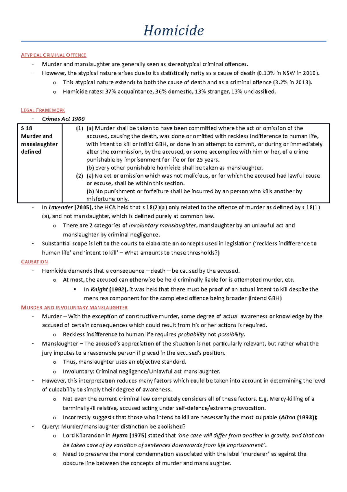Docx (32) - Summary Criminal Laws - Homicide A TYPICAL CRIMINAL OFFENCE ...