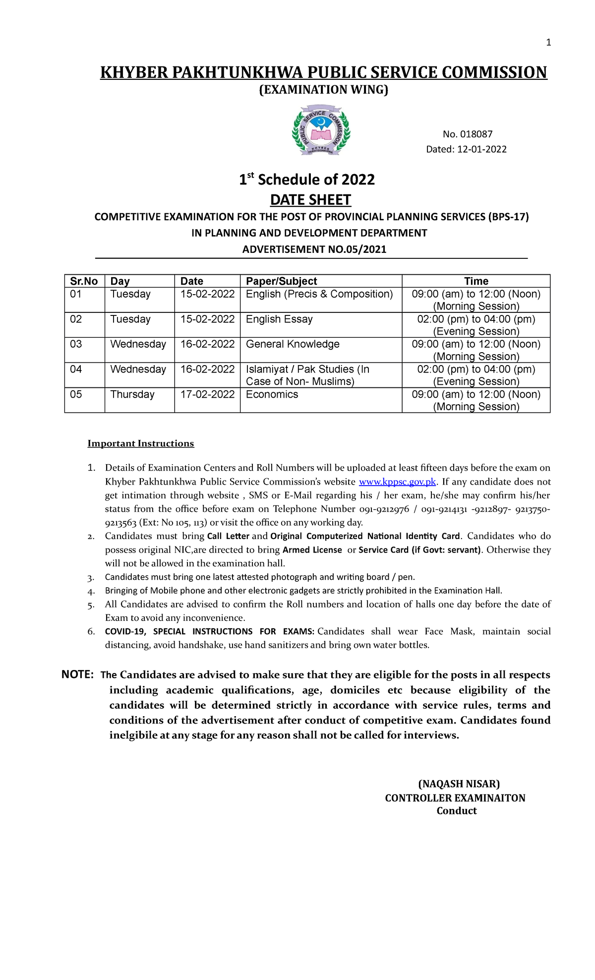 DATE Sheet Competitive PPS - 1 KHYBER PAKHTUNKHWA PUBLIC SERVICE COMMISSION (EXAMINATION WING) 1 ...