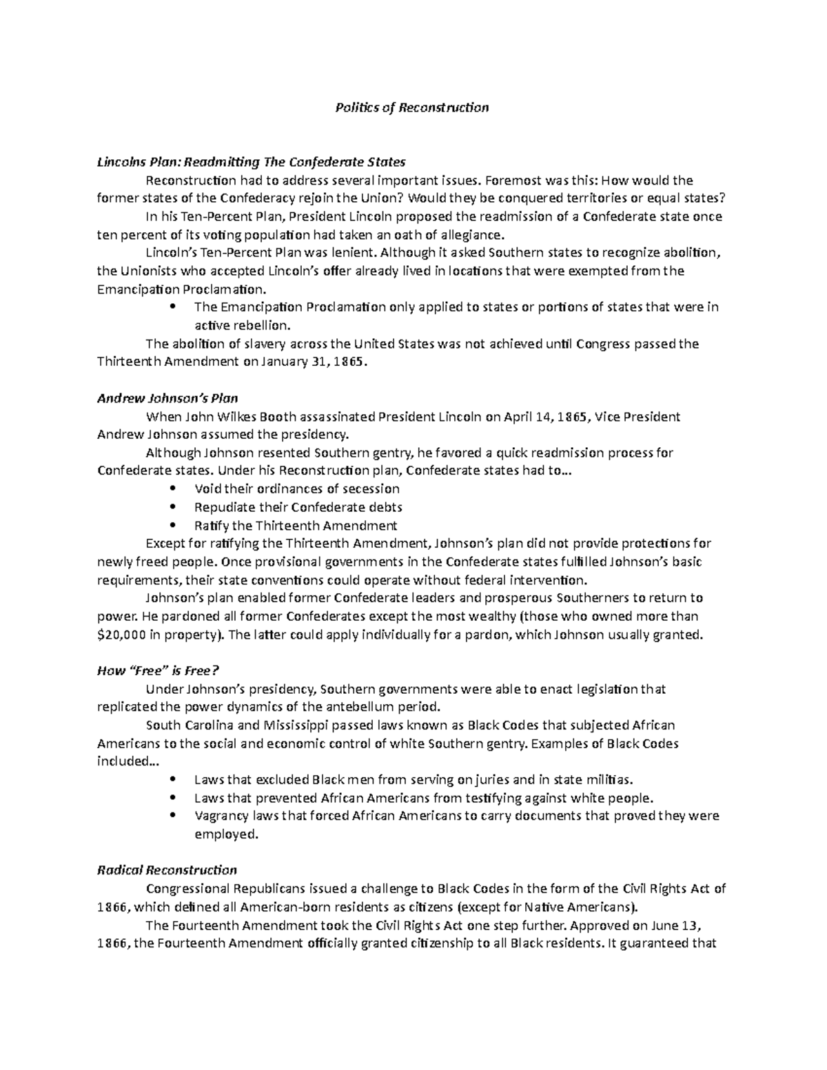 HIST Notes Politics of Reconstruction - Politics of Reconstruction ...