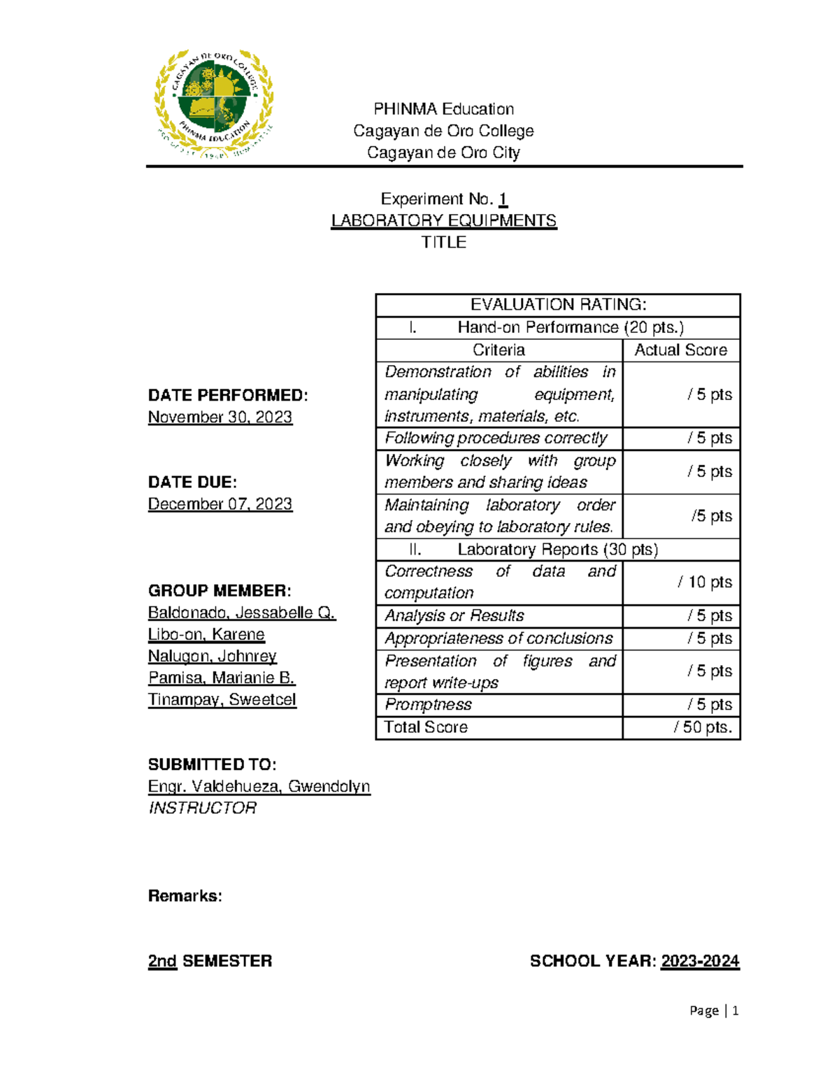 Laboratory-Compilation - PHINMA Education Cagayan de Oro College ...