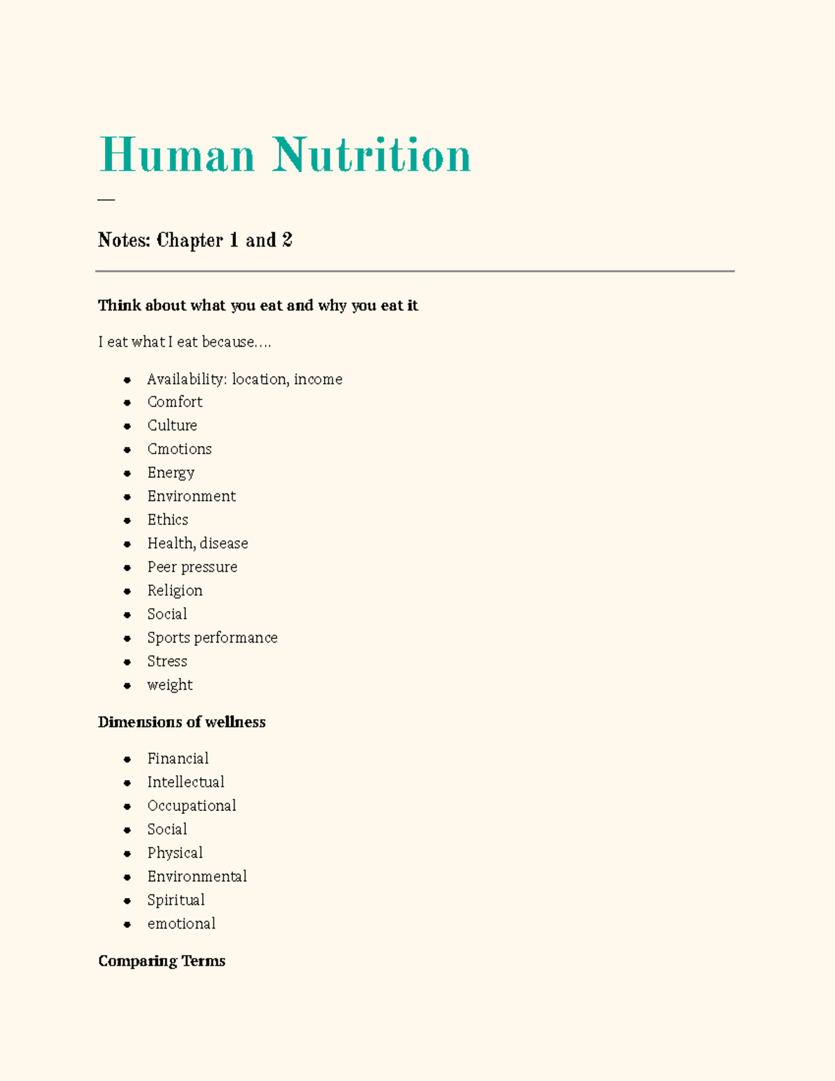Chapter 1 and 2 lecture notes - Human Nutrition ___ Notes: Chapter 1 ...