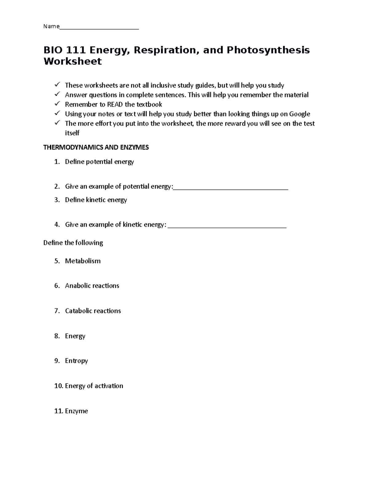 Worksheet for Test Two - BIO 111 Energy, Respiration, and ...