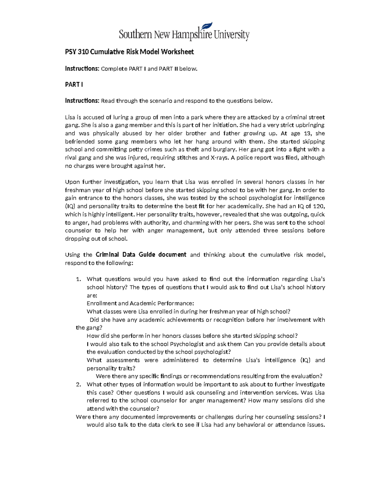 PSY 310 Cumulative Risk Model Worksheet tucker - PSY 310 Cumulative ...