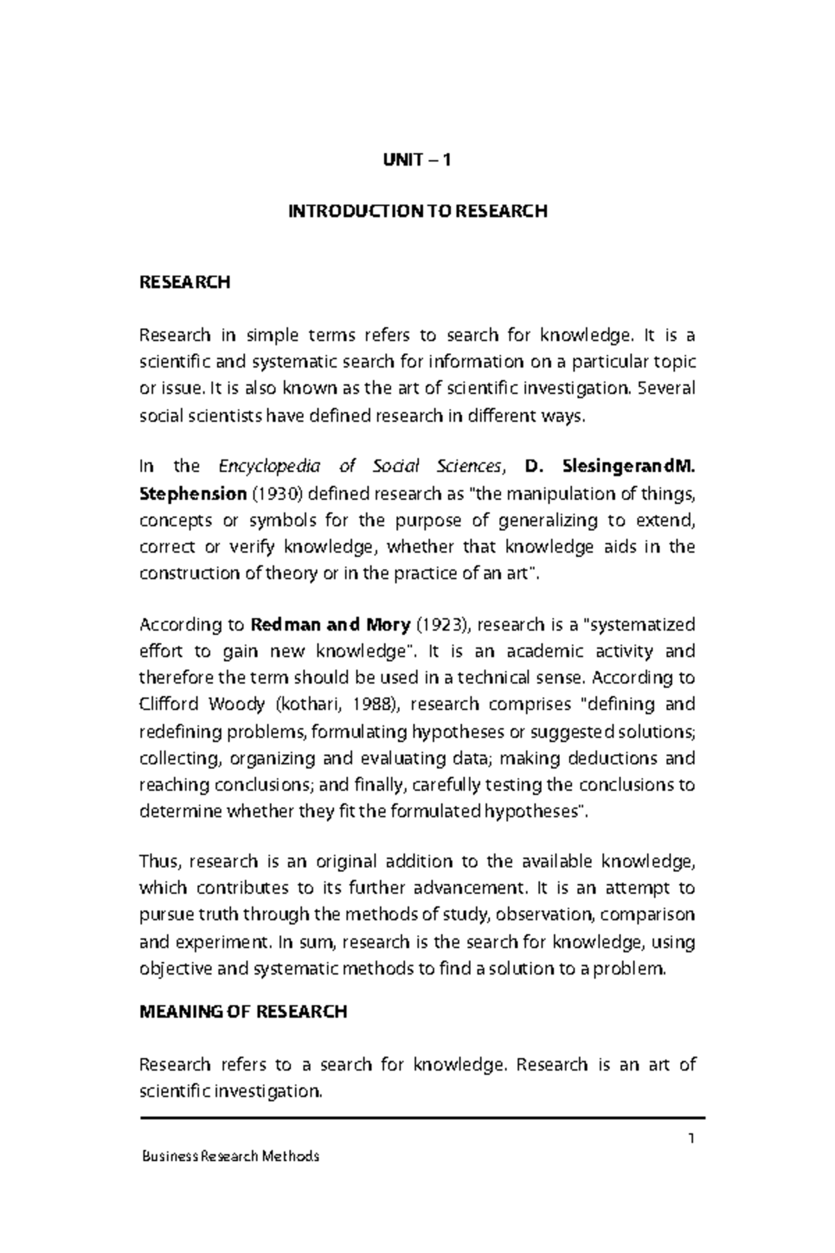 Business-Research-Methods notes - 1 UNIT – 1 INTRODUCTION TO RESEARCH ...