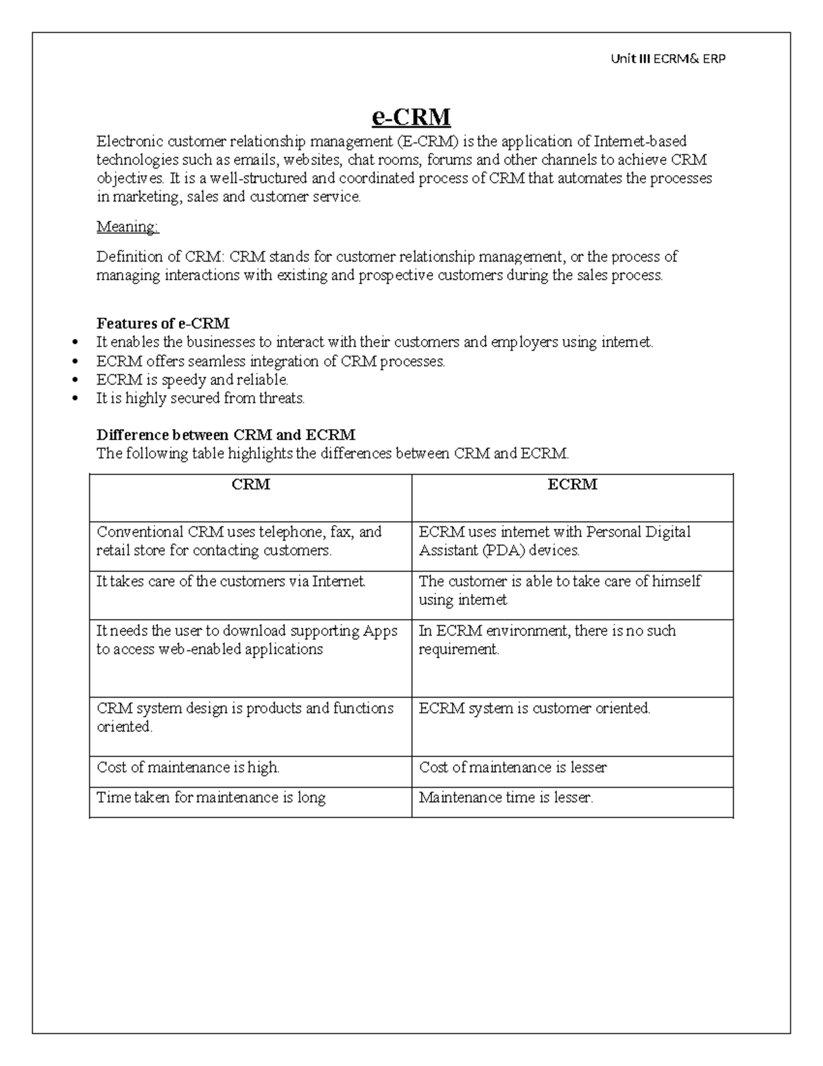 Ecrm - ecrm - Unit III ECRM& ERP e-CRM Electronic customer relationship management (E-CRM) is ...