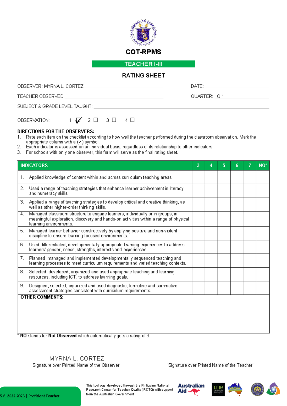 COT FORM FOR S.Y. 2022 - 23 - COT-RPMS TEACHER I-III RATING SHEET ...