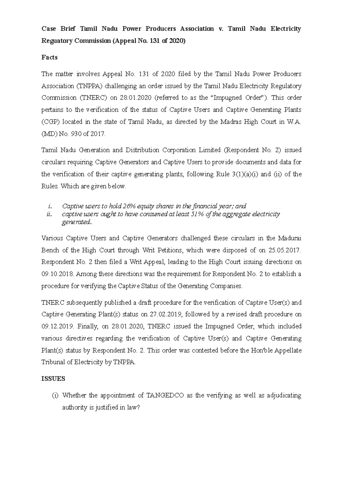 Case Brief Tnppa v. Tnerc - Case Brief Tamil Nadu Power Producers ...