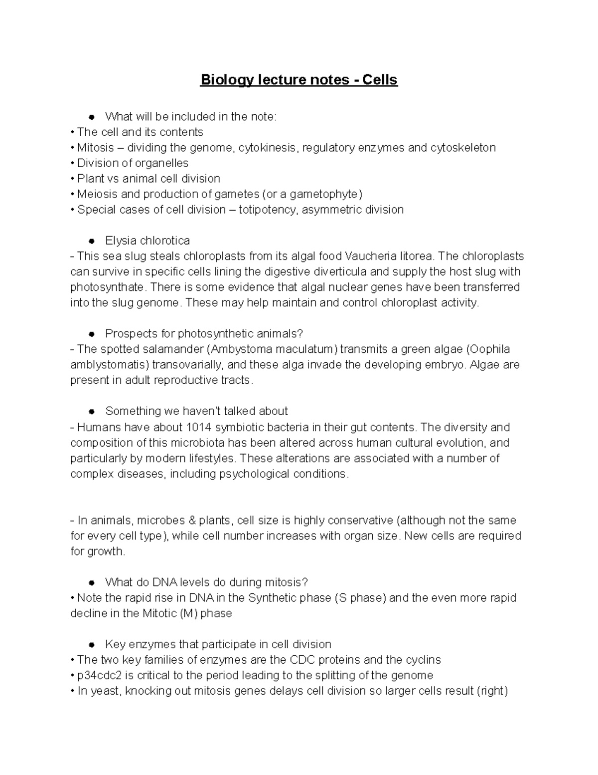 Biology lecture notes - Cells - The chloroplasts can survive in ...