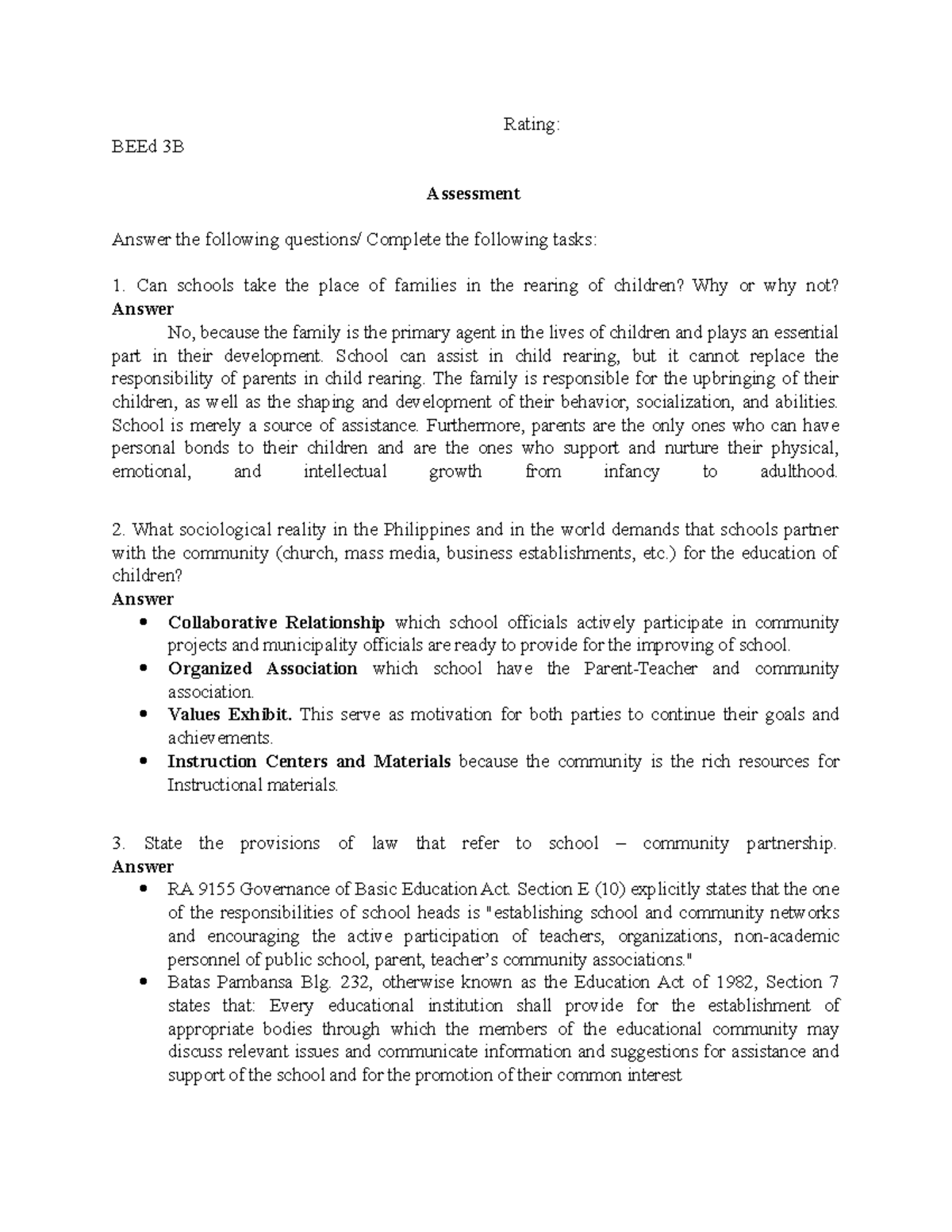 Assessment 6 - To help students - Rating: BEEd 3B Assessment Answer the ...
